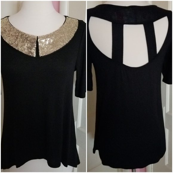Ginger G | Tops | Ginger G Black Top Gold Sequin Collar Detailed Back ...